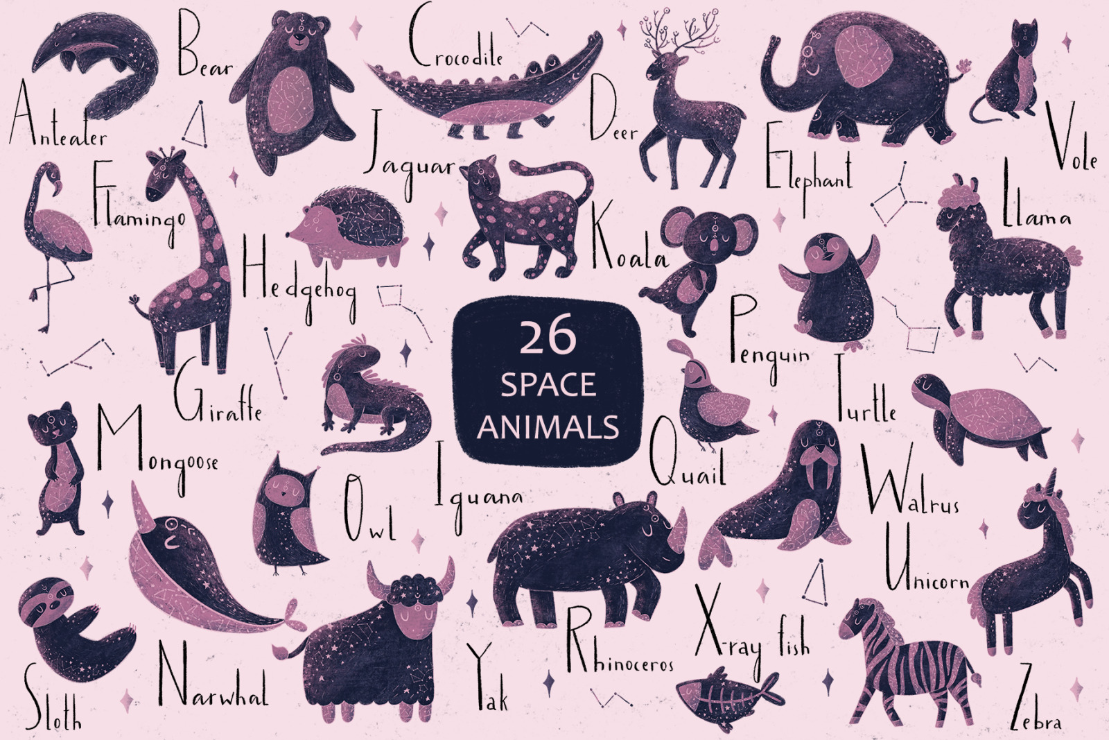 Space Animals • Alphabet Clipart on Yellow Images Creative Store