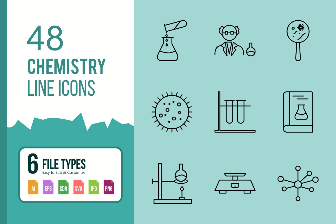 48 Chemistry Line Black Icons on Yellow Images Creative Store