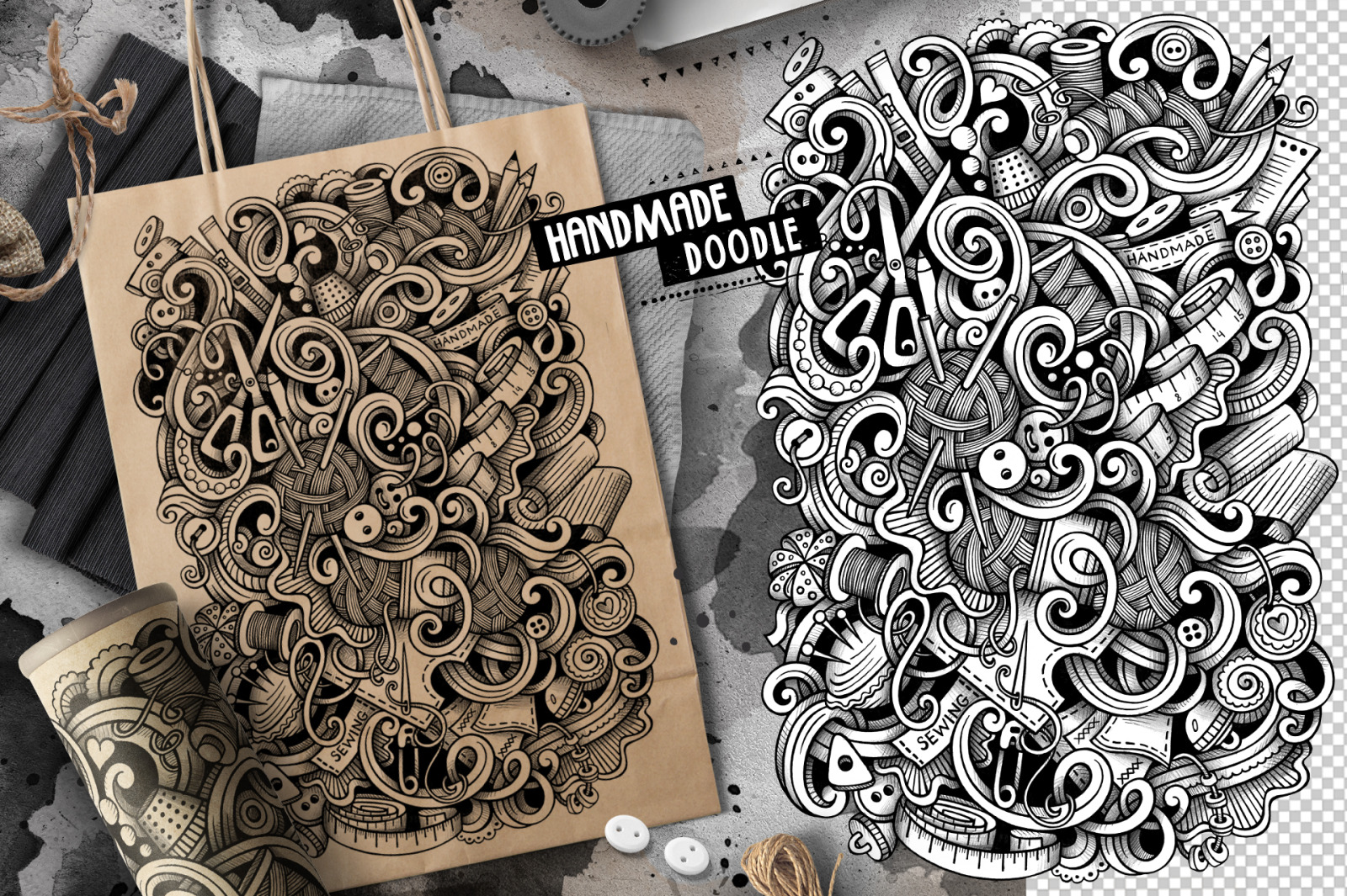 Handmade Graphic Doodle Illustration on Yellow Images Creative Store