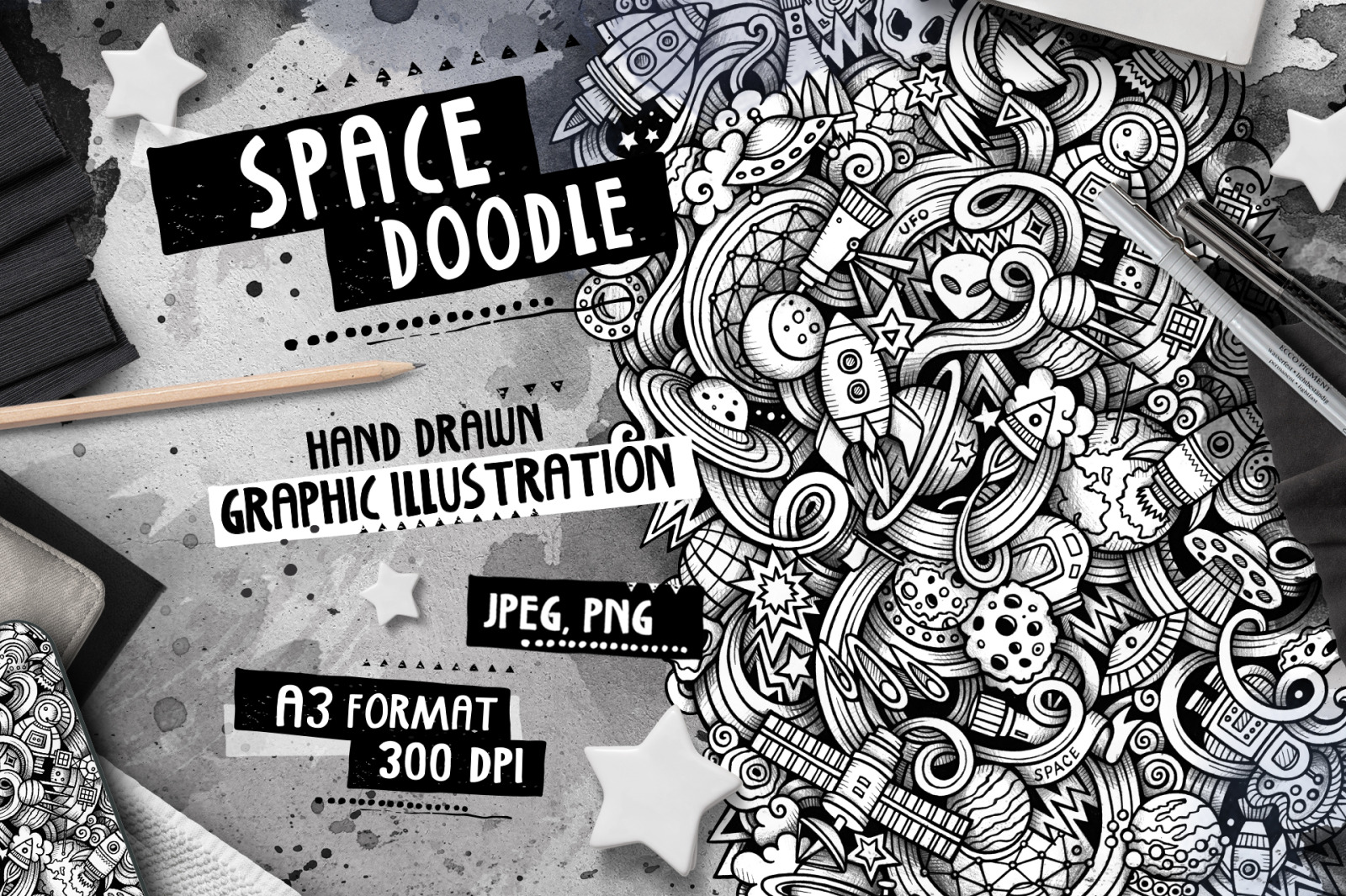 Space Graphic Doodle Illustration on Yellow Images Creative Store