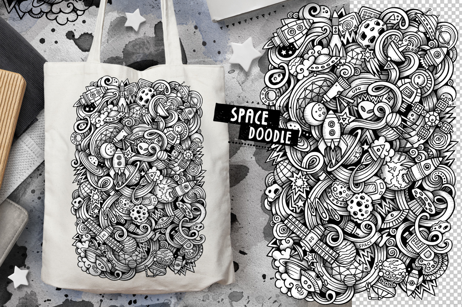 Space Graphic Doodle Illustration on Yellow Images Creative Store
