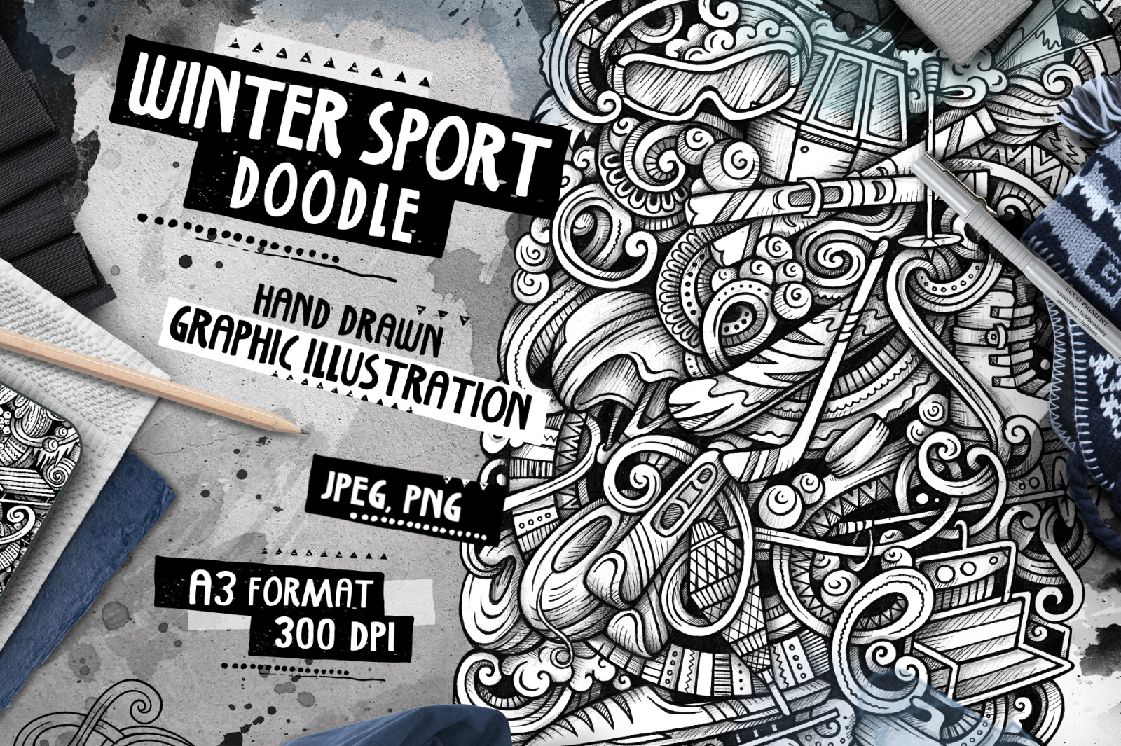 Winter Sports Graphic Doodle Hand Drawn Illustration on Yellow Images ...