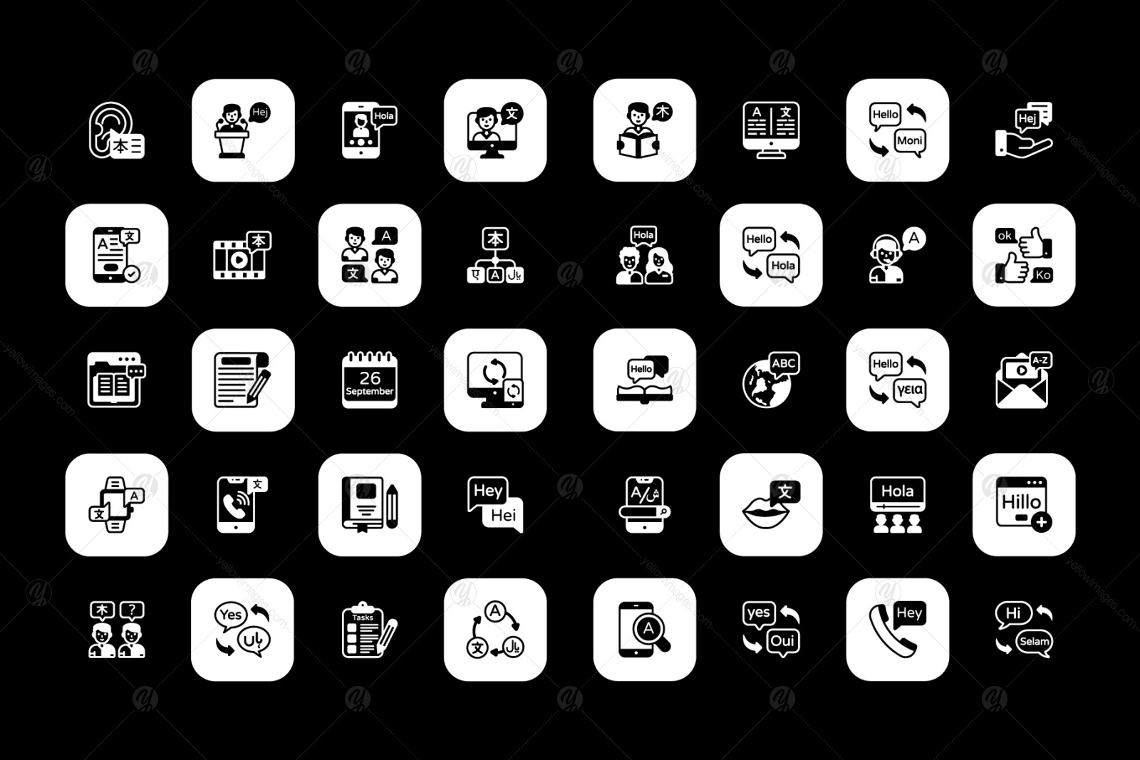 100 Language and Translation Icons on Yellow Images Creative Store