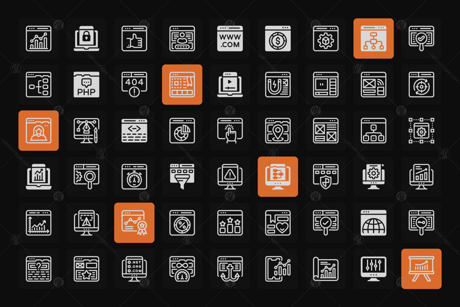 Web Development Linear Icons Pack on Yellow Images Creative Store