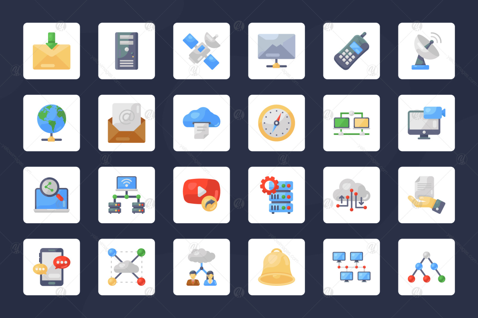 Network and Communication Flat Icons on Yellow Images Creative Store