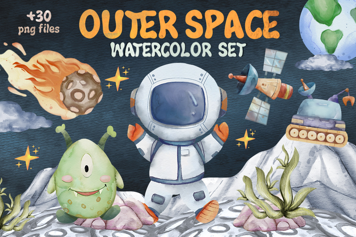 Watercolor Outer Space Clipart Set on Yellow Images Creative Store
