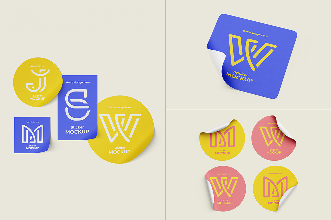 Stickers Mockup Set on Yellow Images Creative Store