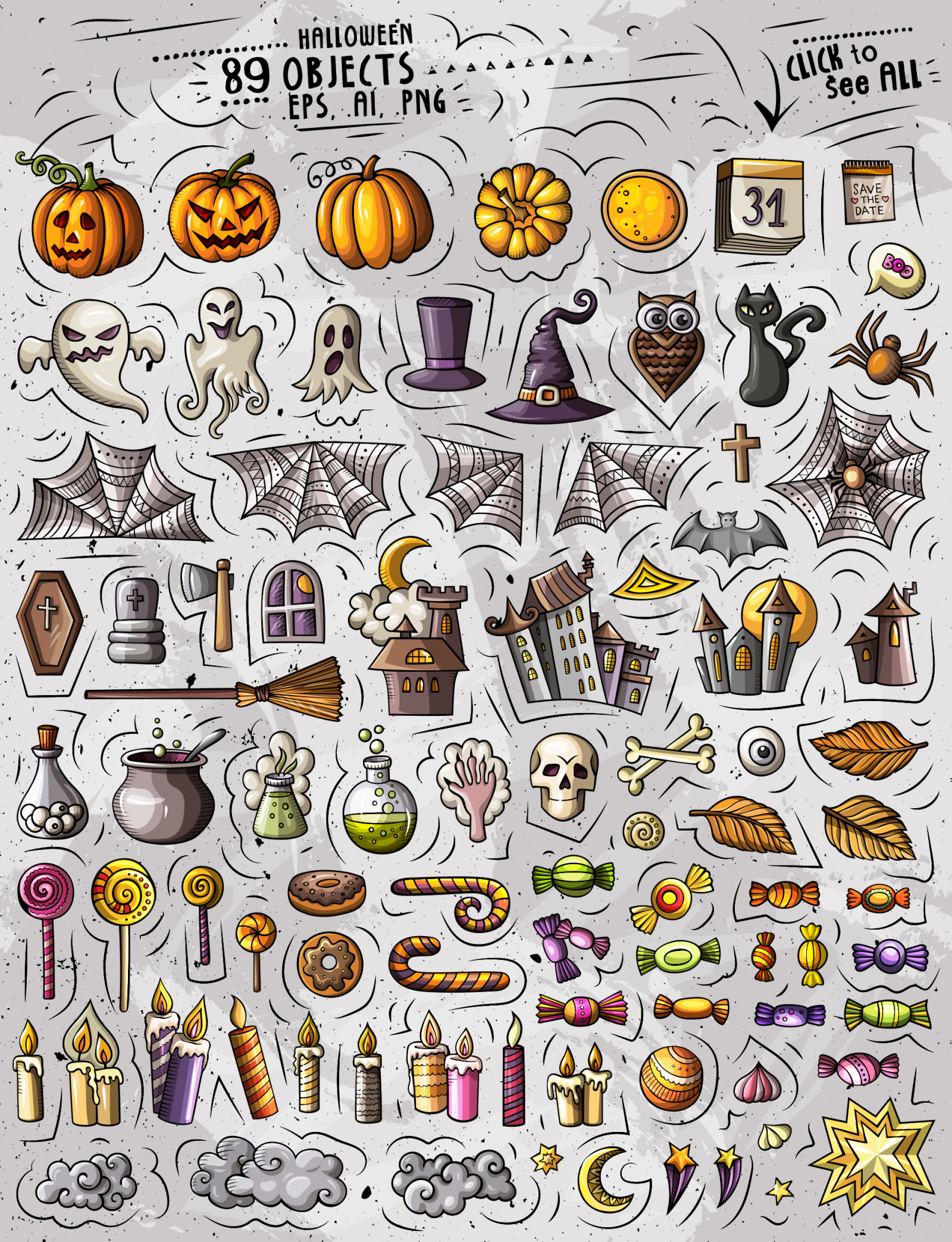 Halloween Cartoon Objects Set on Yellow Images Creative Store